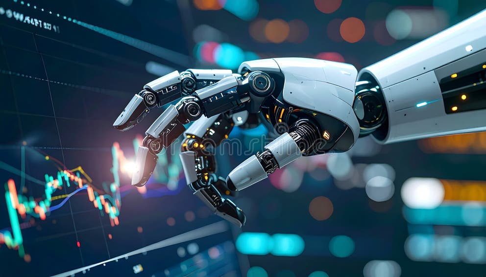 Robotic Arm Analyzing Financial Data Digital Workspace 3d Visualization ...