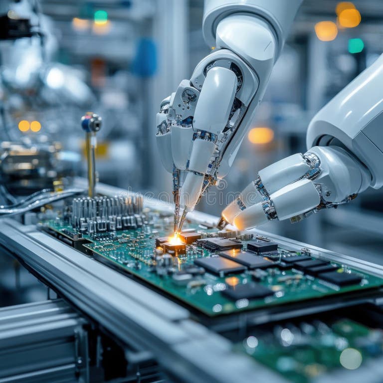 Robotic Arm Assembling Circuit Board in Modern Technology Factory Stock Photo - Image of device ...