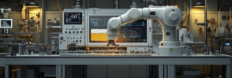 Robotic Arm Assembling Circuit Boards in Workshop Stock Illustration ...