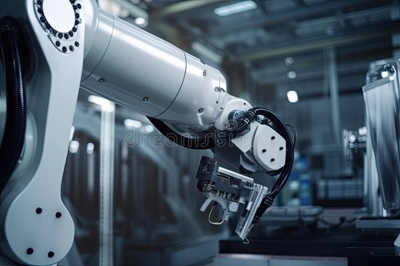 Robotic Arm Assembling Complex Device in Futuristic Factory Stock ...