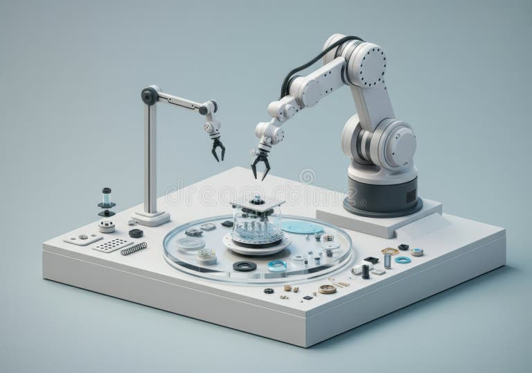 Robotic Arm Assembling Components on a Modern Workstation Mockup Stock ...