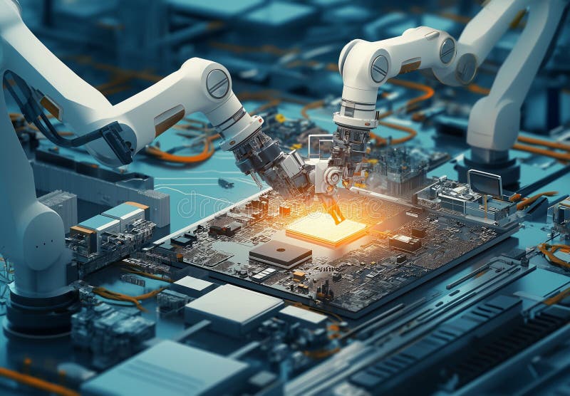 Robotic Arm Assembling a Computer Processor Stock Illustration ...