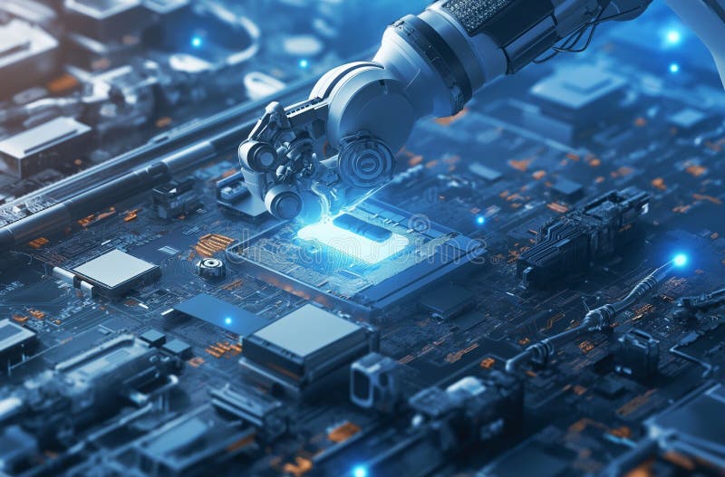 Robotic Arm Assembling a Computer Processor Stock Illustration ...