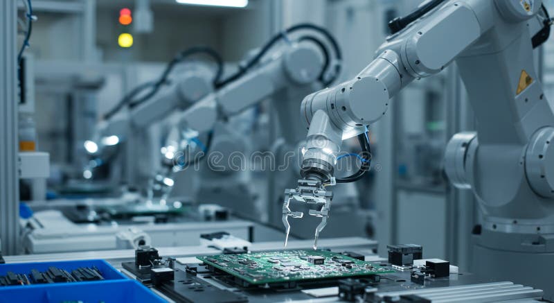 Robotic Arm Assembling Electronic Components in High Tech Factory Automation Technology ...