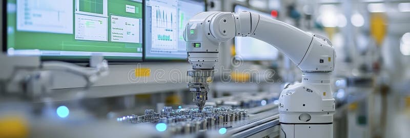 Robotic Arm Assembling Electronics in Modern Factory Stock Illustration ...