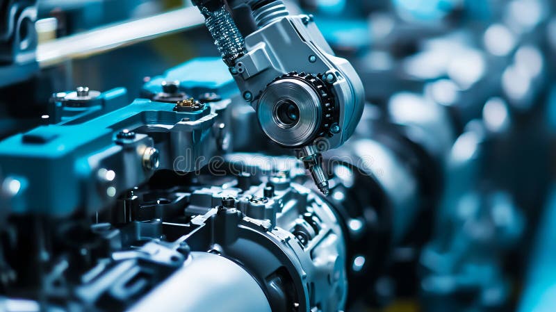 Robotic Arm Assembling Engine Components in Factory Stock Illustration ...