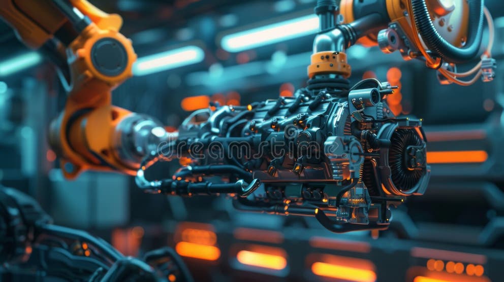 Robotic Arm Assembling Engine in Factory Stock Photo - Image of detail ...
