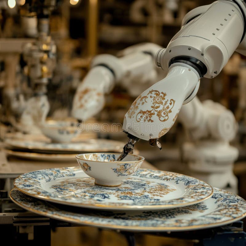 Robotic Arm Assembling Fine Porcelain Tableware in Modern Factory Stock ...