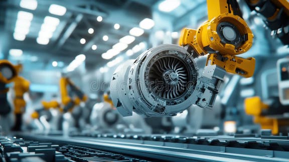 A Robotic Arm Assembling a Jet Engine in a High-tech Industrial Setting ...