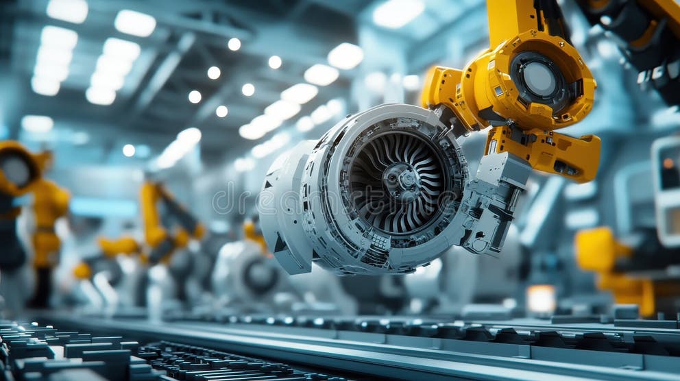 A Robotic Arm Assembling a Jet Engine in a High-tech Industrial Setting ...