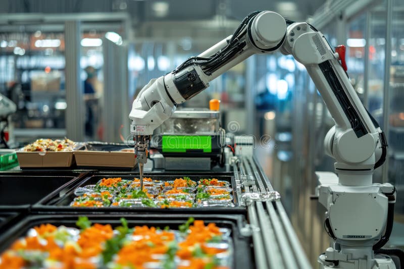 Robotic Arm Assembling Meal Kits in Production Facility, Showcasing ...