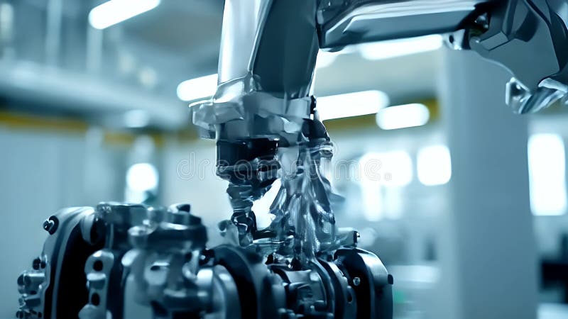 Robotic Arm Assembling Metal Engine in Factory Featuring Precision ...