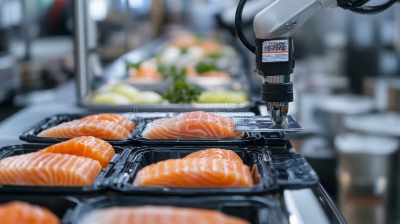 Robotic Arm Assembling Salmon on Production Line for Efficient Food ...