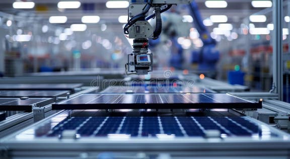 Robotic Arm Assembling Solar Panels in a Modern Factory Stock Photo ...