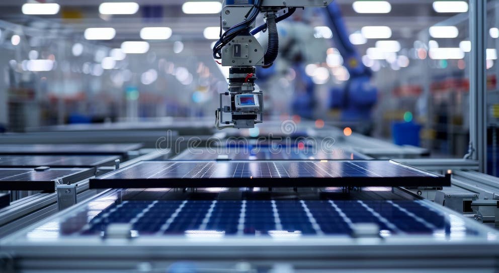 Robotic Arm Assembling Solar Panels in a Modern Factory Stock Photo ...