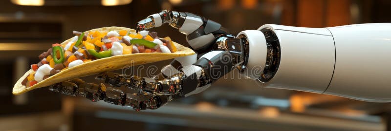 Robotic Arm Assembling a Taco with Fresh Ingredients in a Modern ...
