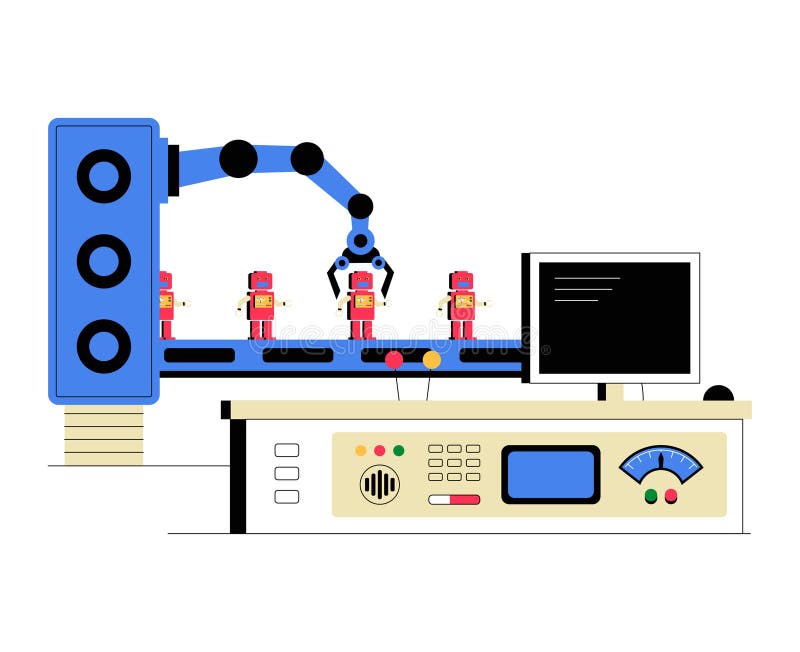 Robotic Arm on Assembly Line in Flat Vector Illustration Symbolizing ...