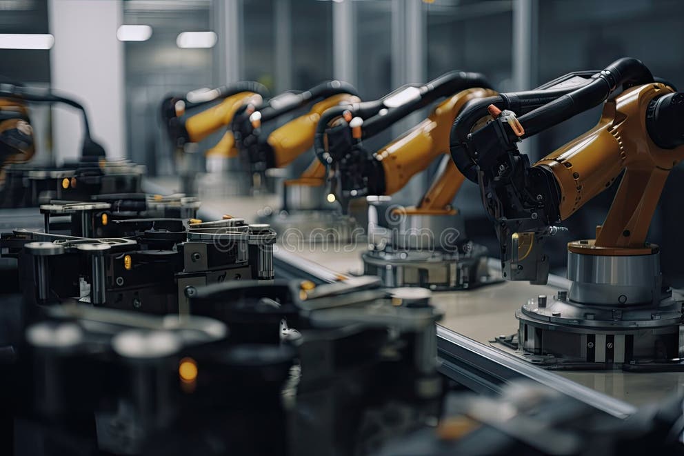 Robotic Arm Assembling Widgets on Factory Line Stock Illustration ...