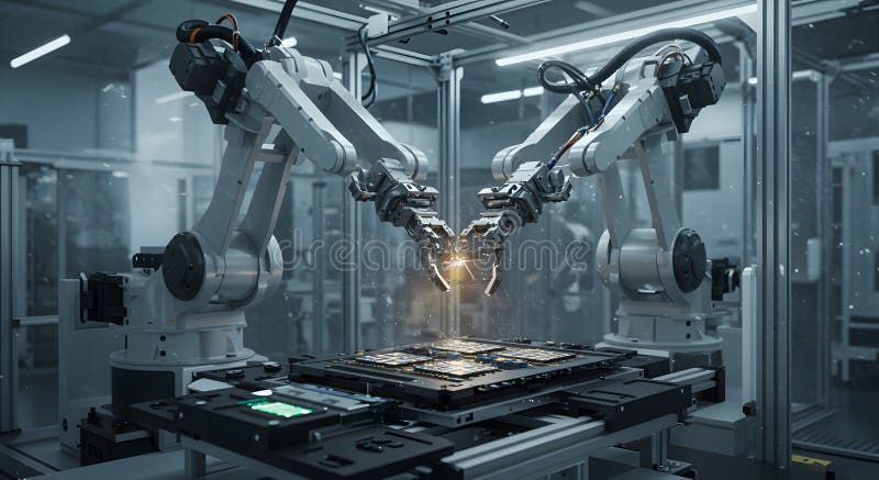 Robotic Arm Assembly Line Precision Manufacturing Stock Illustration ...