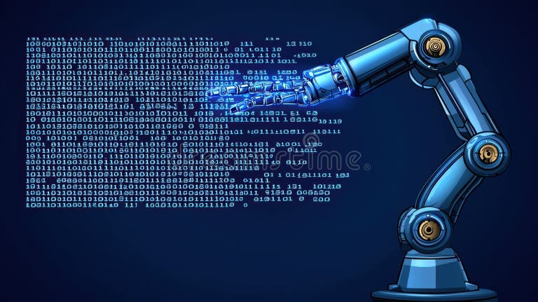 Robotic Arm with Binary Code Background Representing Technology Stock Illustration ...