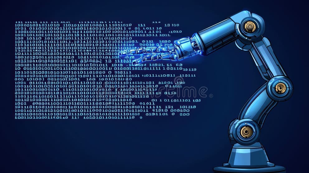 Robotic Arm with Binary Code Background Representing Technology Stock ...