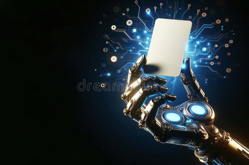 Robotic Arm with a Blank Card. Space for Text. Stock Image - Image of ...