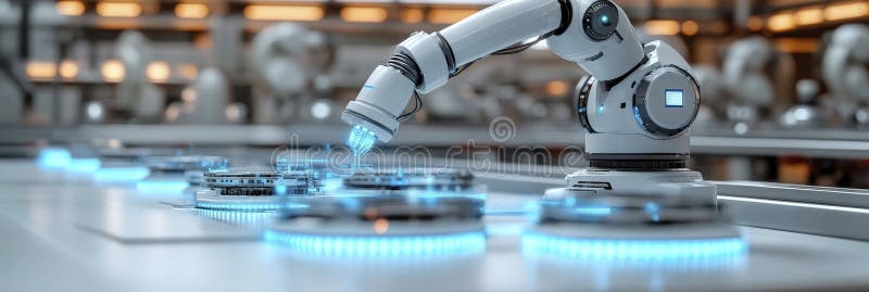 Robotic Arm with Blue Lights in a Tech Setting Stock Illustration ...