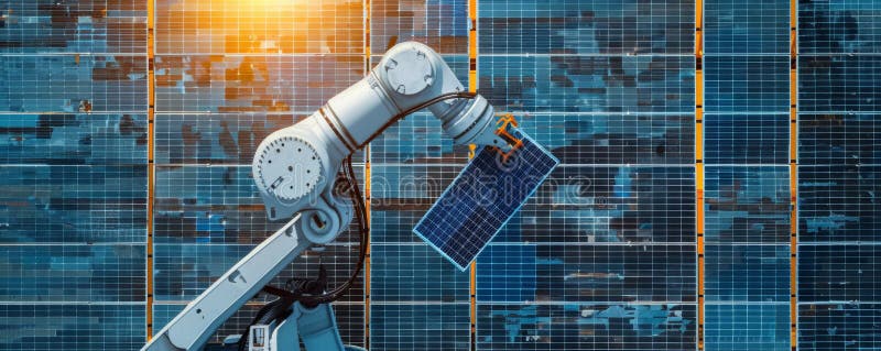 Robotic Arm Installing Solar Panels with Glowing Sunlight in the ...