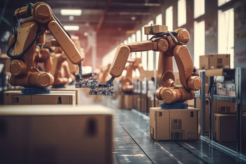 Robotic Arm Carry Cardboard Box in Warehouse with Ai Generated Stock ... Robotic Arm Carry Cardboard Box in Warehouse with Ai Generated Stock ...