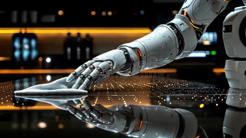 Robotic Arm Cleaning a Glass Surface in a Modern, Illuminated Indoor ...