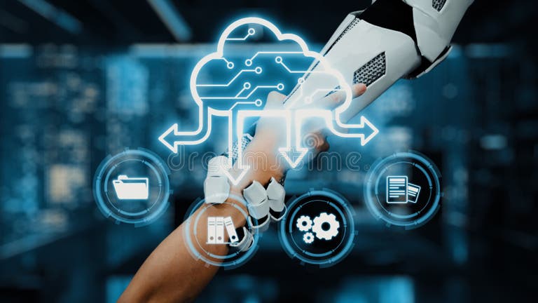 Robotic Arm with Cloud Computing Icons Illustrating Data Management and ...