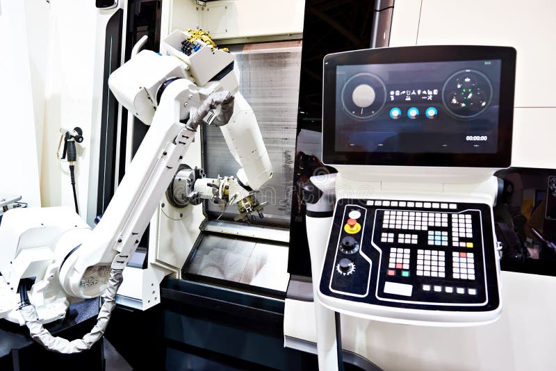 Robotic arm and cnc lathe stock image. Image of screen - 152105179