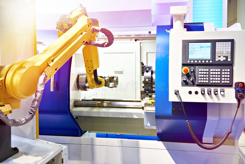 Robotic arm and cnc lathe stock photo. Image of actuator - 151932868