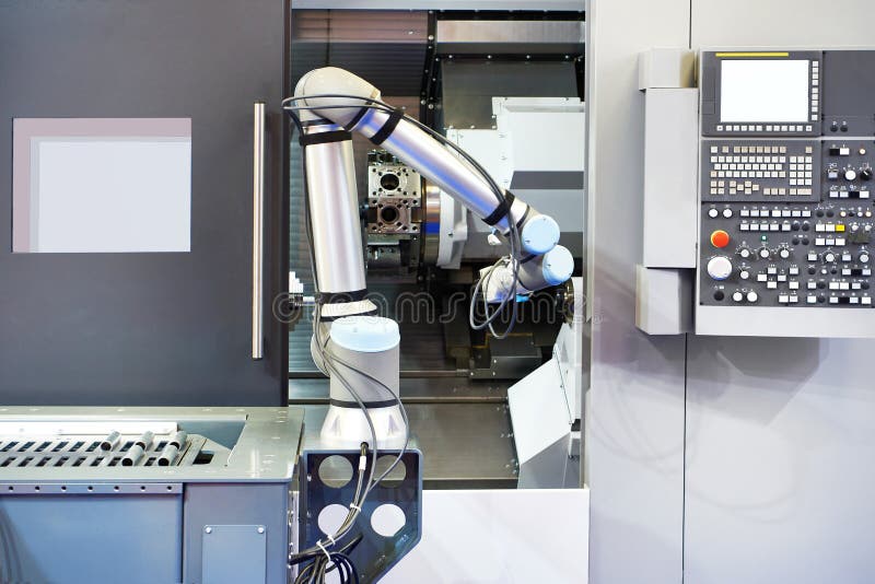 Robotic Arm and Cnc Lathe Machine Stock Image - Image of engineering ...