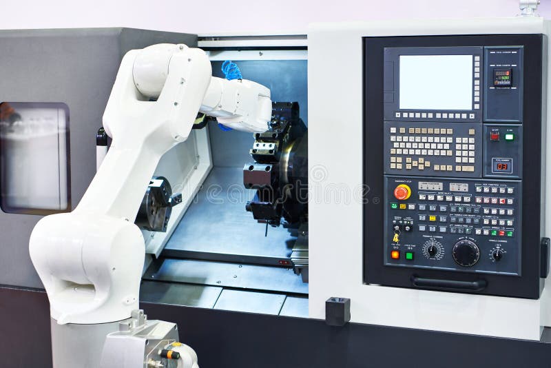 Robotic Arm and Cnc Lathe Machine Stock Photo - Image of metal, lathe ...