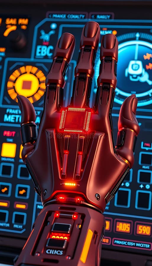 Robotic Arm Controlling Futuristic Interface Panel with Glowing Details ...