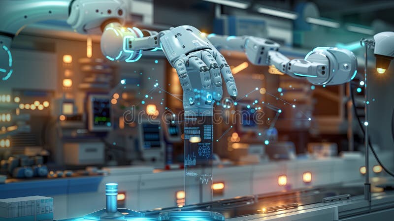 A Robotic Arm Controls Machinery in a Factory, Engineering at Work ...