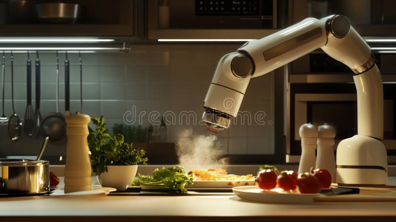 Robotic Arm Cooking in Modern Kitchen with Fresh Vegetables and Herbs ...