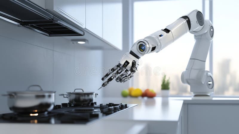 Robotic Arm Cooking in Modern Kitchen with Futuristic Technology Stock ...