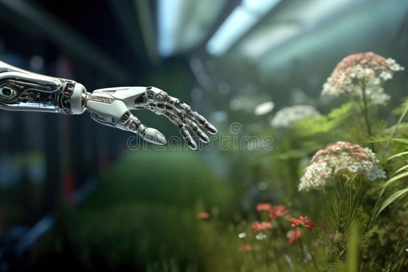 Robotic Arm Covered with Grass and Lush, Green Technology Conceptual ...