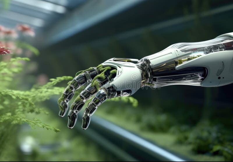 Robotic Arm Covered with Grass and Lush, Green Technology Conceptual ...