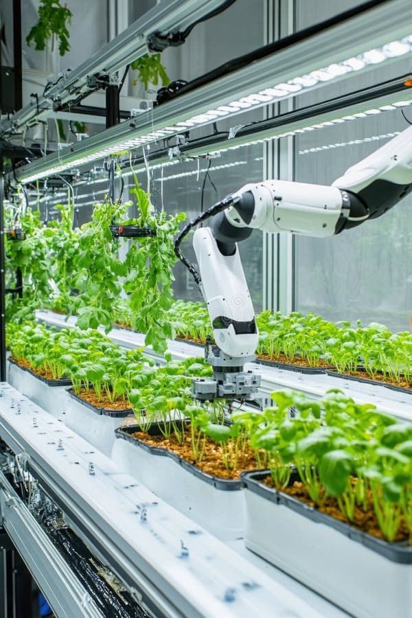 Robotic Arm Cultivating Seedlings in Automated Vertical Farm Stock ... Robotic Arm Cultivating Seedlings in Automated Vertical Farm Stock ...