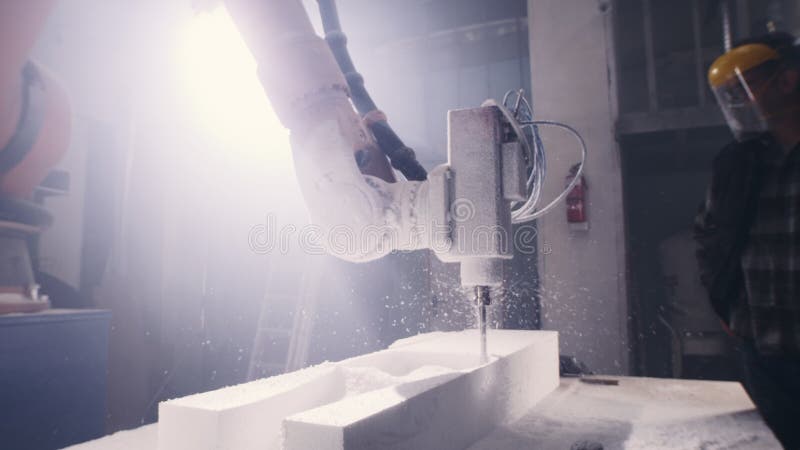 Robotic Arm Cutting Polystyrene in Workshop Stock Video - Video of ...