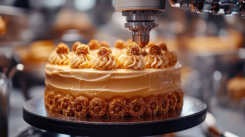 A Robotic Arm is Decorating a Cake with Cream and Toppings in a ...