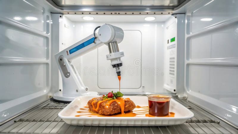 Robotic Arm Decorating Food with Sauce in Food Printing Process Stock ...