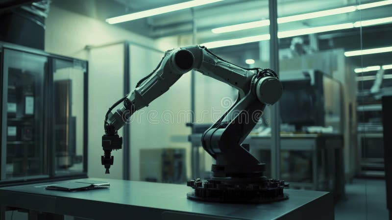 Robotic Arm on Desk in a Dimly Lit High-tech Lab Stock Illustration ...