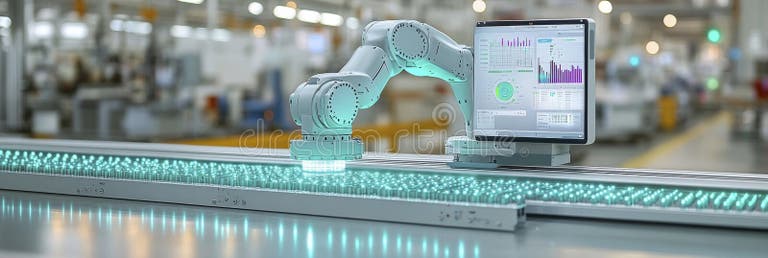 Robotic Arm with Digital Control Screen in Factory Stock Illustration ...
