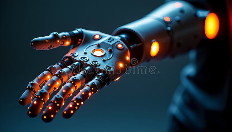 A Robotic Arm with Digital Lighting Effects, Symbolizing Technological ...