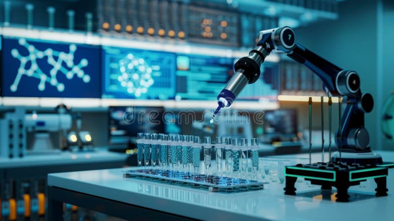 Robotic Arm Dispenses Liquids into Test Tubes in a Modern Lab Equipped ...
