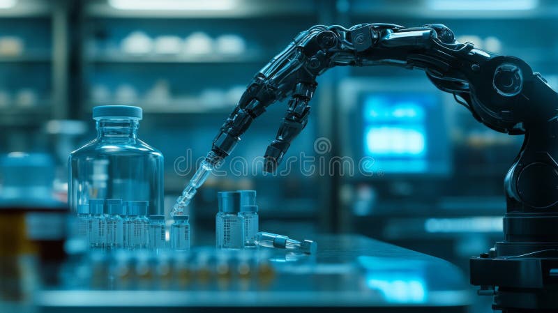 Robotic Arm Dispensing Liquid in a Blue Lit Laboratory Stock ...